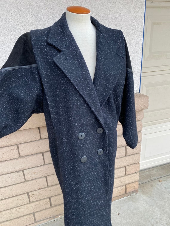 80s 90s Fleck Wool Coat // Black Wool + Suede Double … - Gem