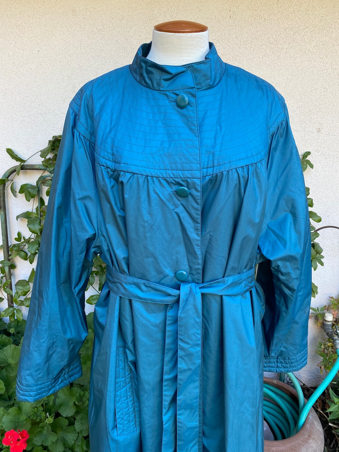 80s 90s Teal Fleet Street Coat Plus Size Overcoat Shiny Green Mid ...