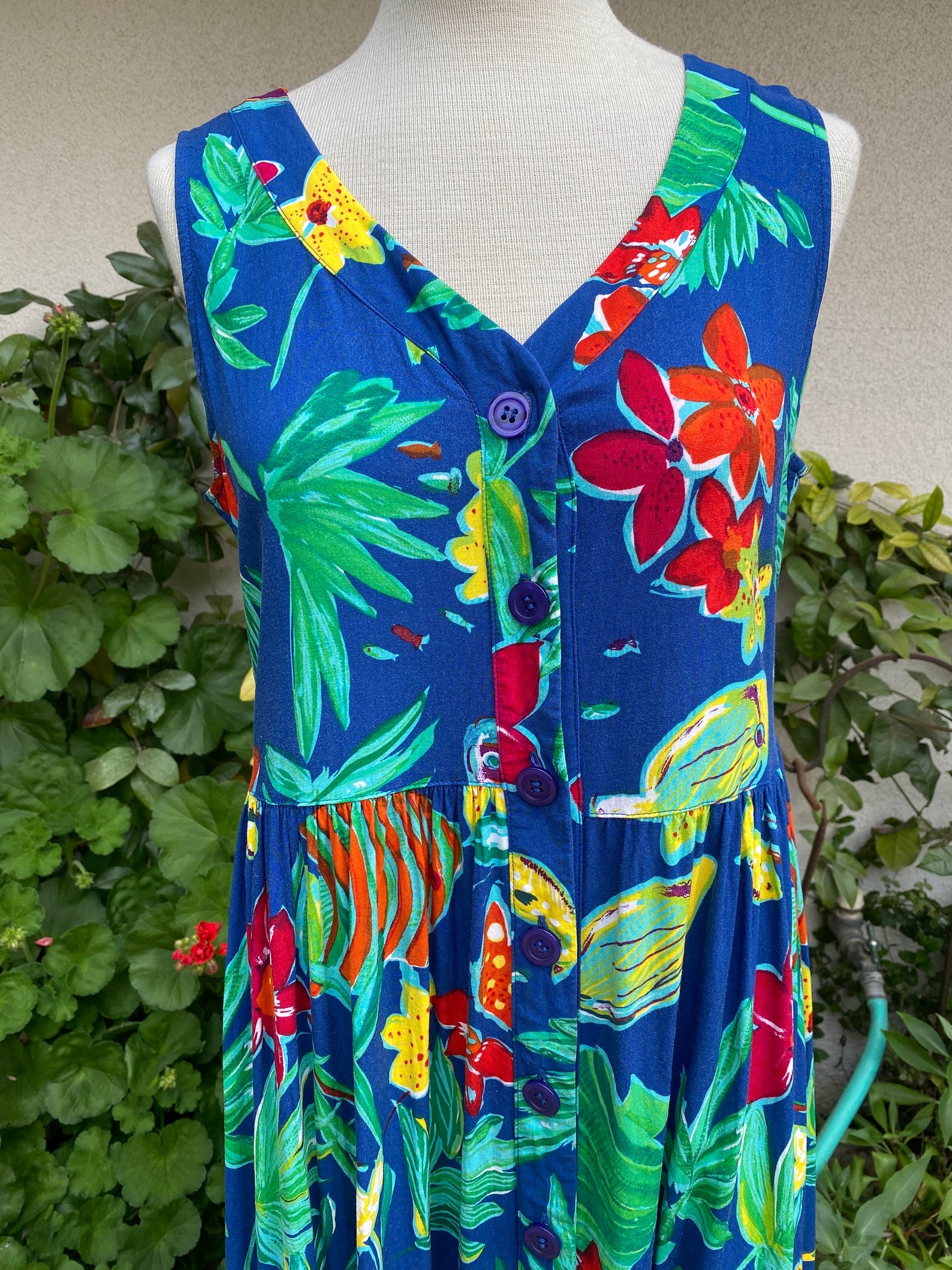 90s Tropical Sun Dress Bright Fish Floral Print Rayon Button up Mini ...