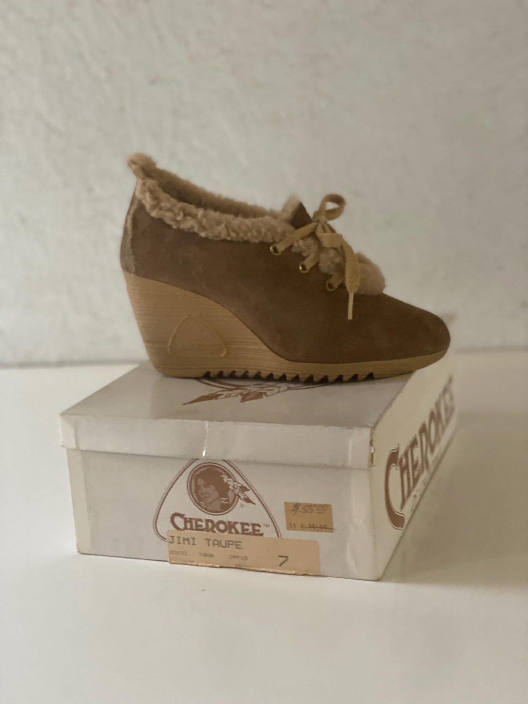Vintage 80s Cherokee Suede Leather Shearling Wedge Lace up Shoes Jimi ...