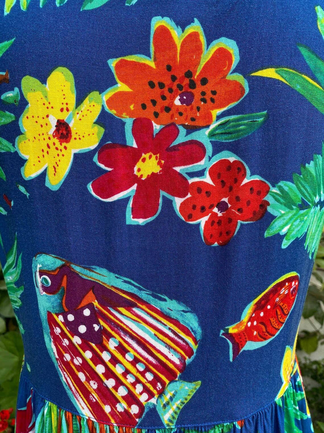 90s Tropical Sun Dress Bright Fish Floral Print Rayon Button up Mini ...