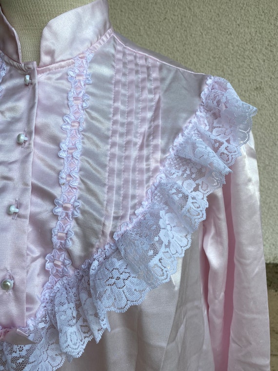 Vintage Pastel Pink Ruffled Night Gown Lacey Satiny P… - Gem