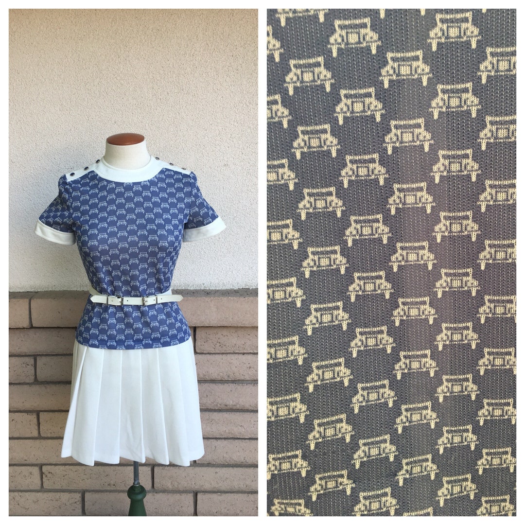 60s 70s Mini Dress model A Novelty Print Pleated - Etsy