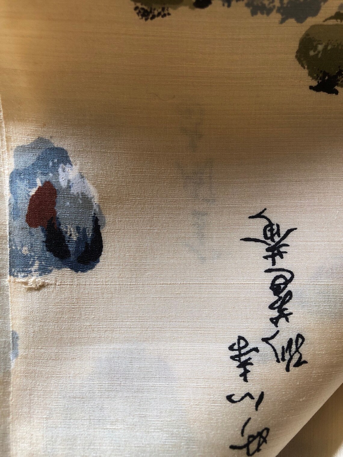Vintage Asian Silk Fabric Asian Writing Ivory Sage Green Dusty Blue ...