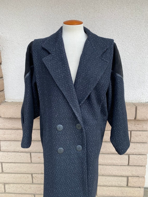 80s 90s Fleck Wool Coat // Black Wool + Suede Double … - Gem