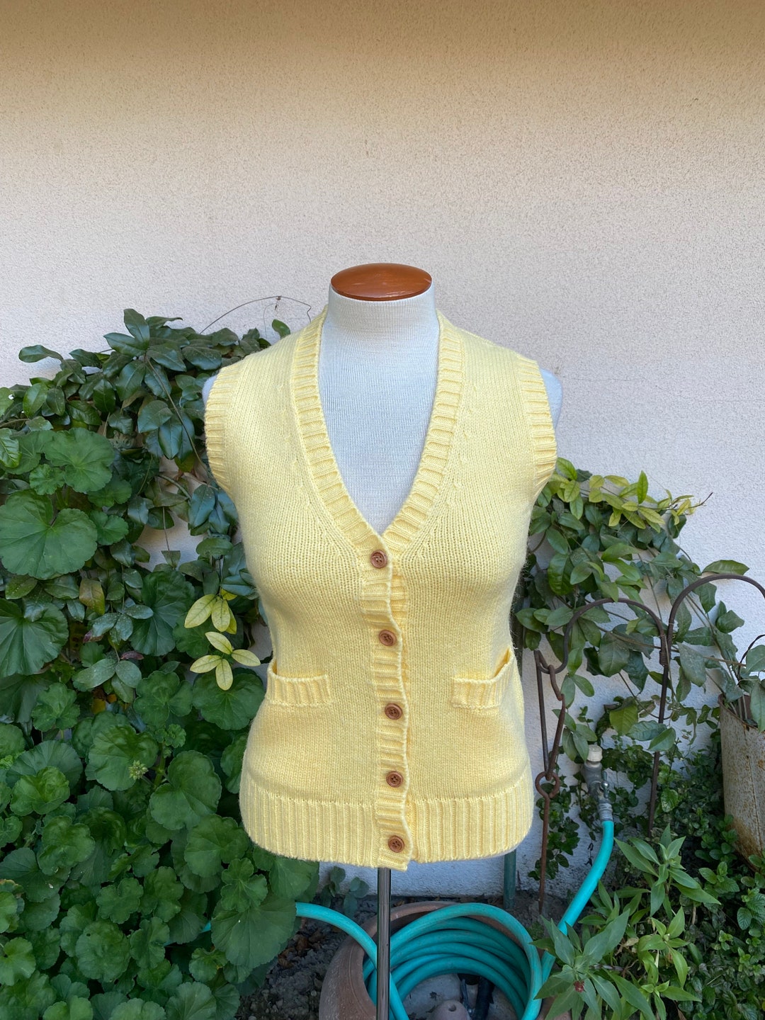 90s Lemon Yellow Sweater Vest Spring Summer Button up Sleeveless ...