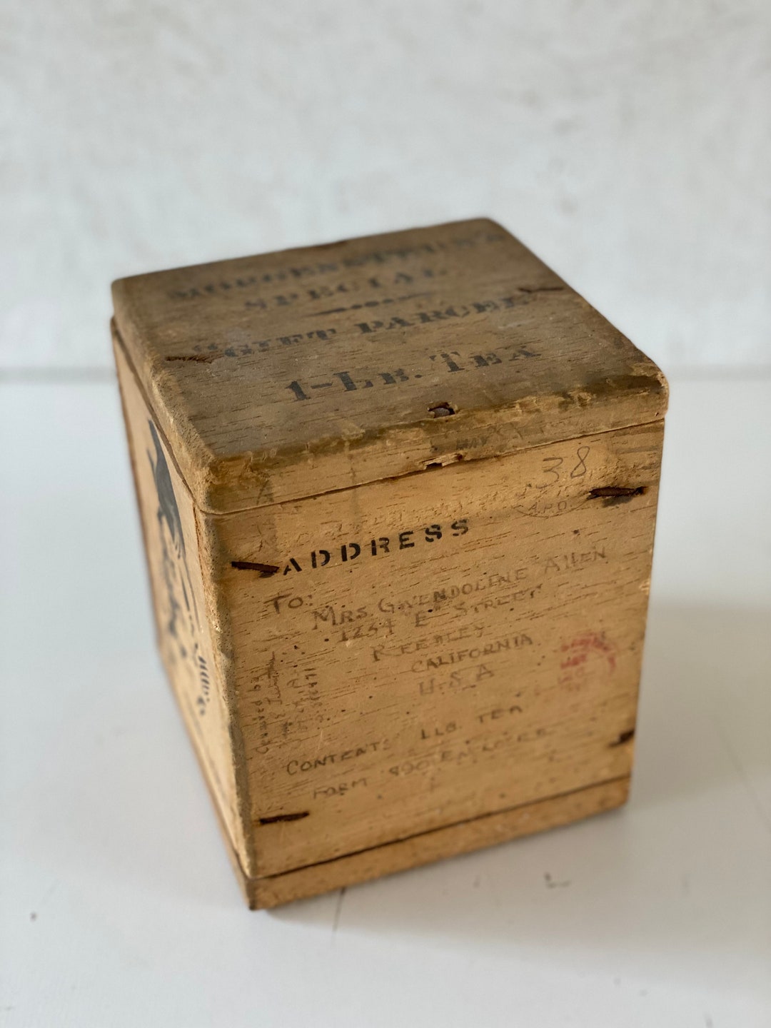 Vintage Rare 40s Wood Mailing Tea Box Antique 1945 Wooden Gift Parcel ...