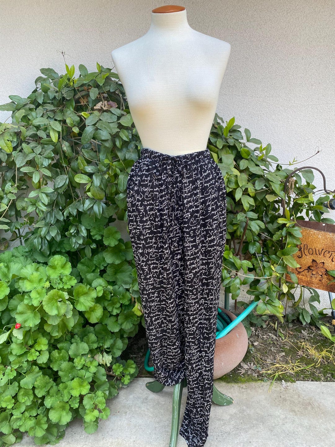 Vintage Cursive Writing Pants Black White Tapered Leg Pockets Rayon ...
