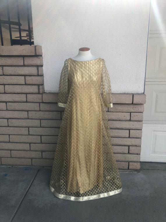Vintage 50s Gold Tulle Evening Gown Aline Gold Metall… Gem