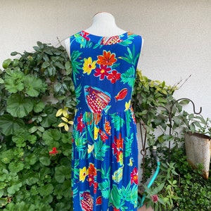 90s Tropical Sun Dress Bright Fish Floral Print Rayon Button up Mini ...