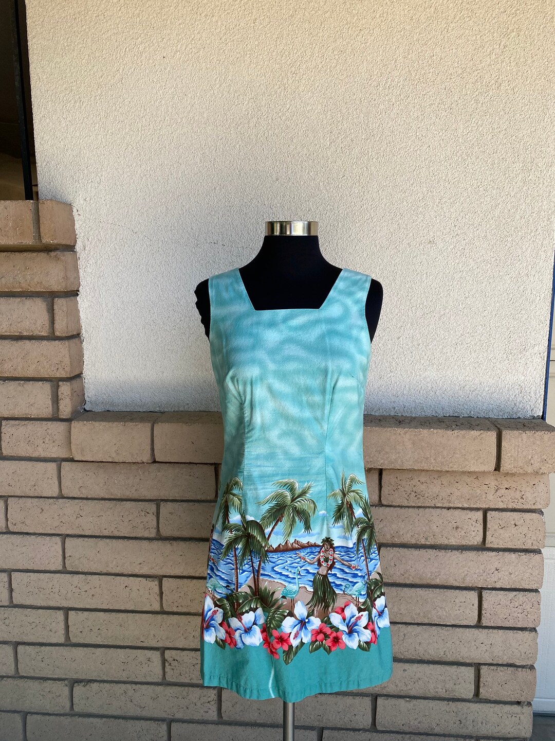 Vtg Hawaiian Mini Dress Hula Girl Sun Dress Cotton Hawaiian Border ...