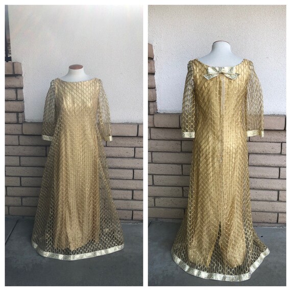 Vintage 50s Gold Tulle Evening Gown Aline Gold Metall… Gem