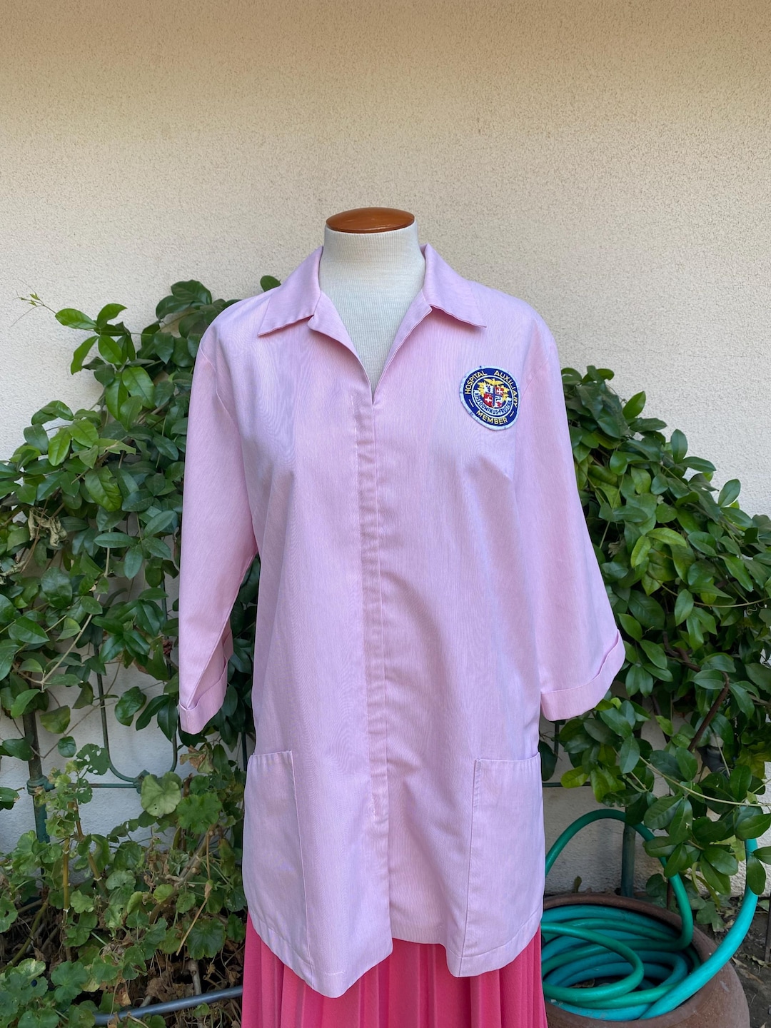 Vintage 80s Hospital Volunteer Zip Front Smock Top Striped Pink Lady ...