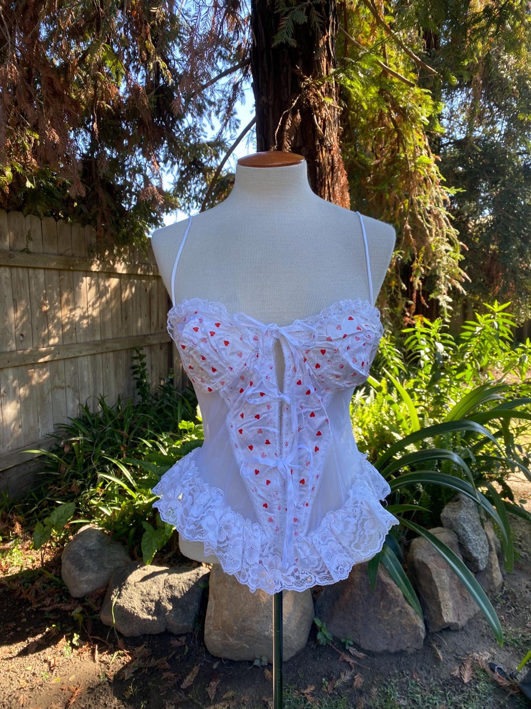 Vintage "red Heart" Sheer Lace Teddy Lingerie With Tie Front Negligee ...