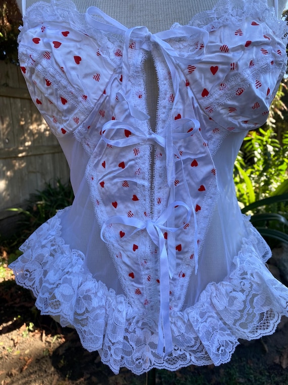 Vintage "Red Heart" Sheer Lace Teddy Lingerie with Ti… - Gem