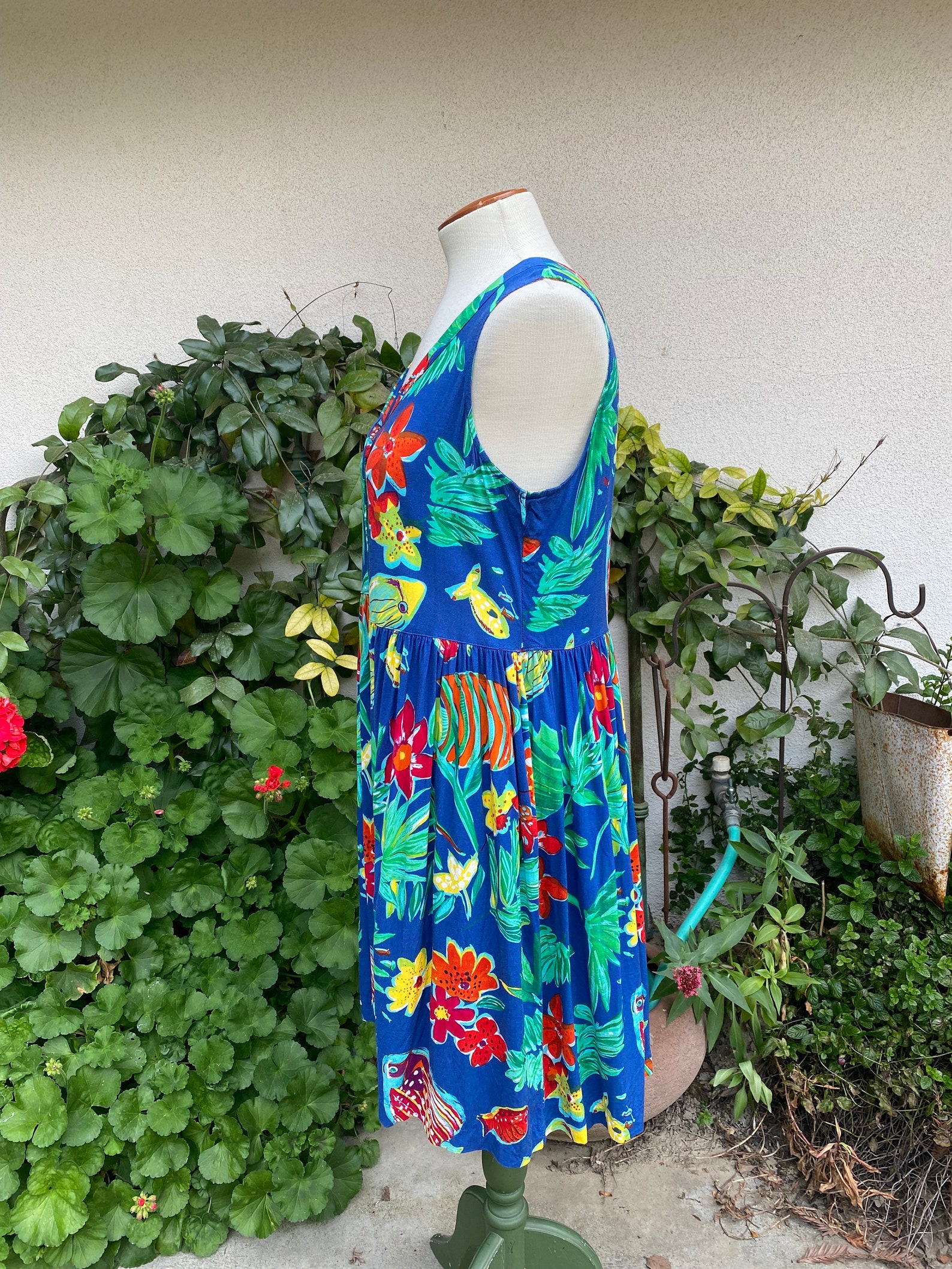 90s Tropical Sun Dress Bright Fish Floral Print Rayon Button up Mini ...