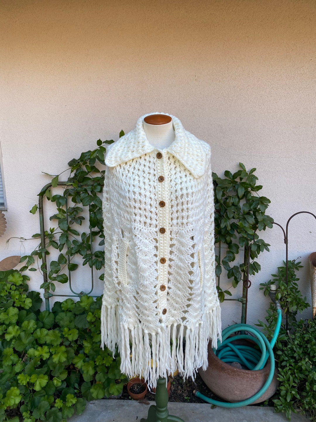 Vintage 70s Creamy White Fringed Poncho Collar Button up Hippie Boho ...