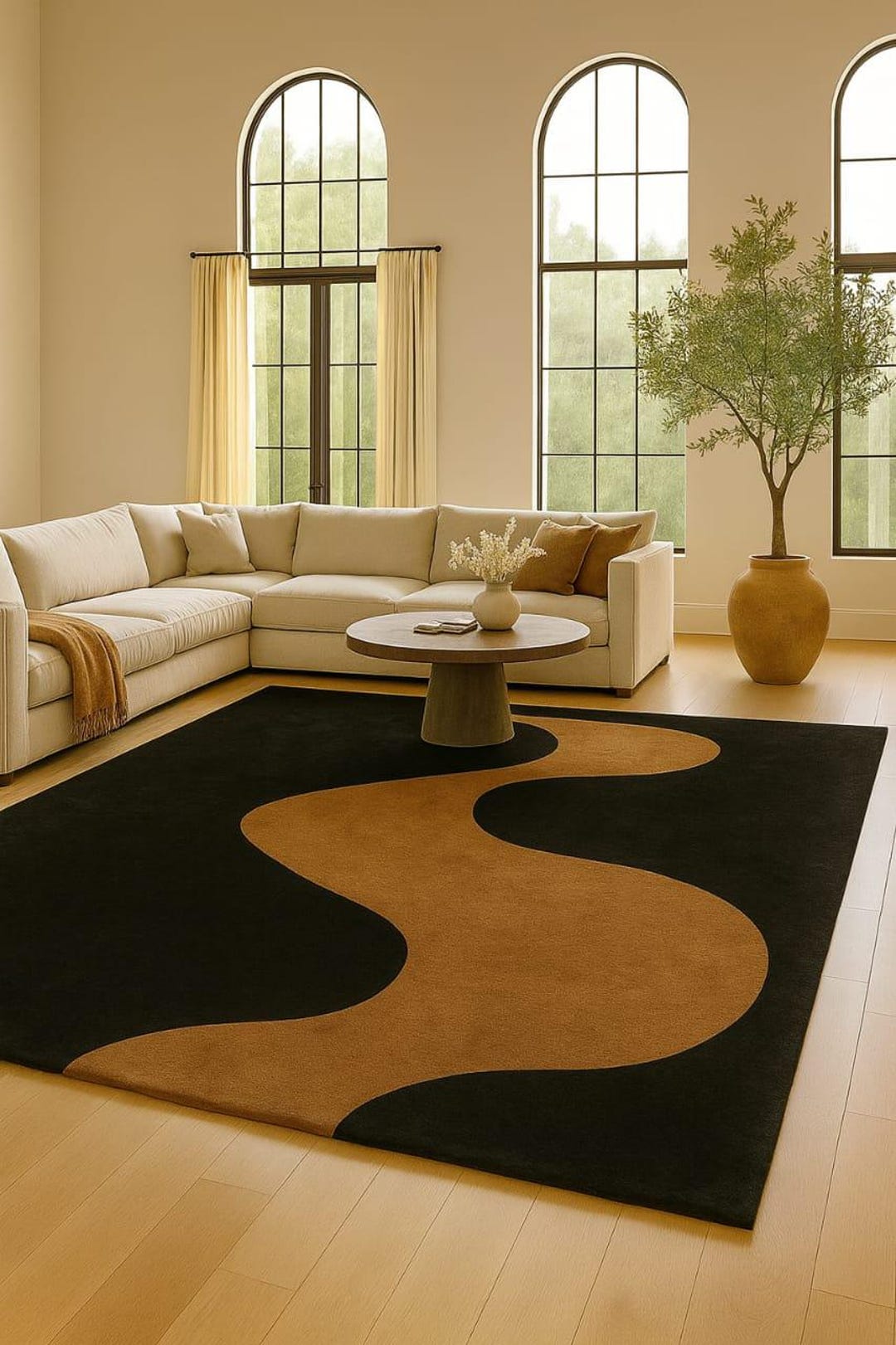 Luxury Modern Area - Bold Wavy Pattern | Handmade Black & Tan Floor ...