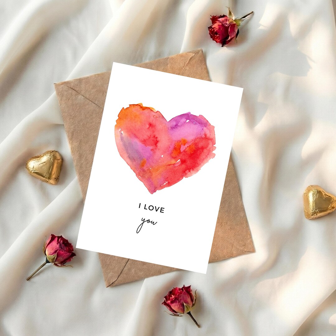 Printable I Love You Card, Red Watercolor Heart, Valentine's Day, Love ...