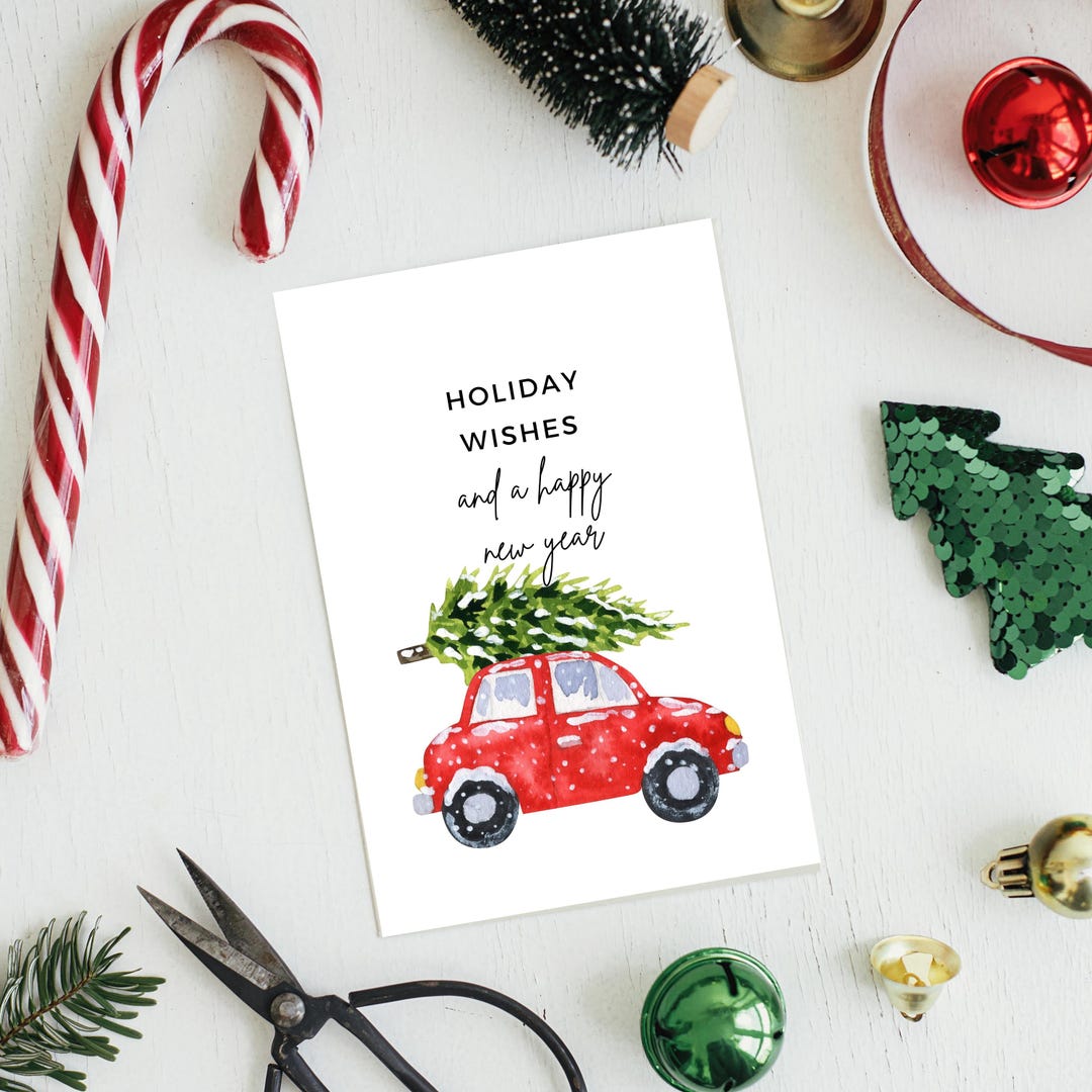 Red Car Christmas Card, Watercolor Holiday Printable, Minimalist Xmas ...