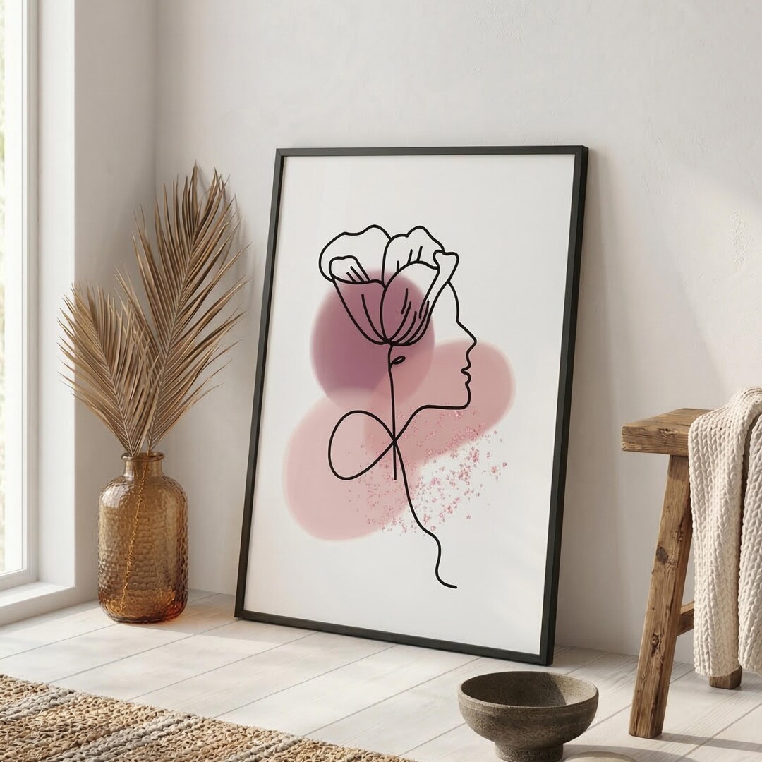 Pink Flower Boho Floral Printable Wall Art, Minimalist Woman Face ...
