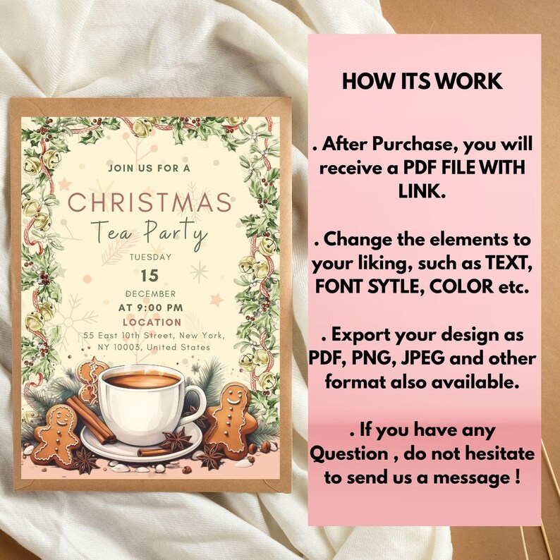 Editable Christmas Tea Party Invitation Template (5x7) Digital ...