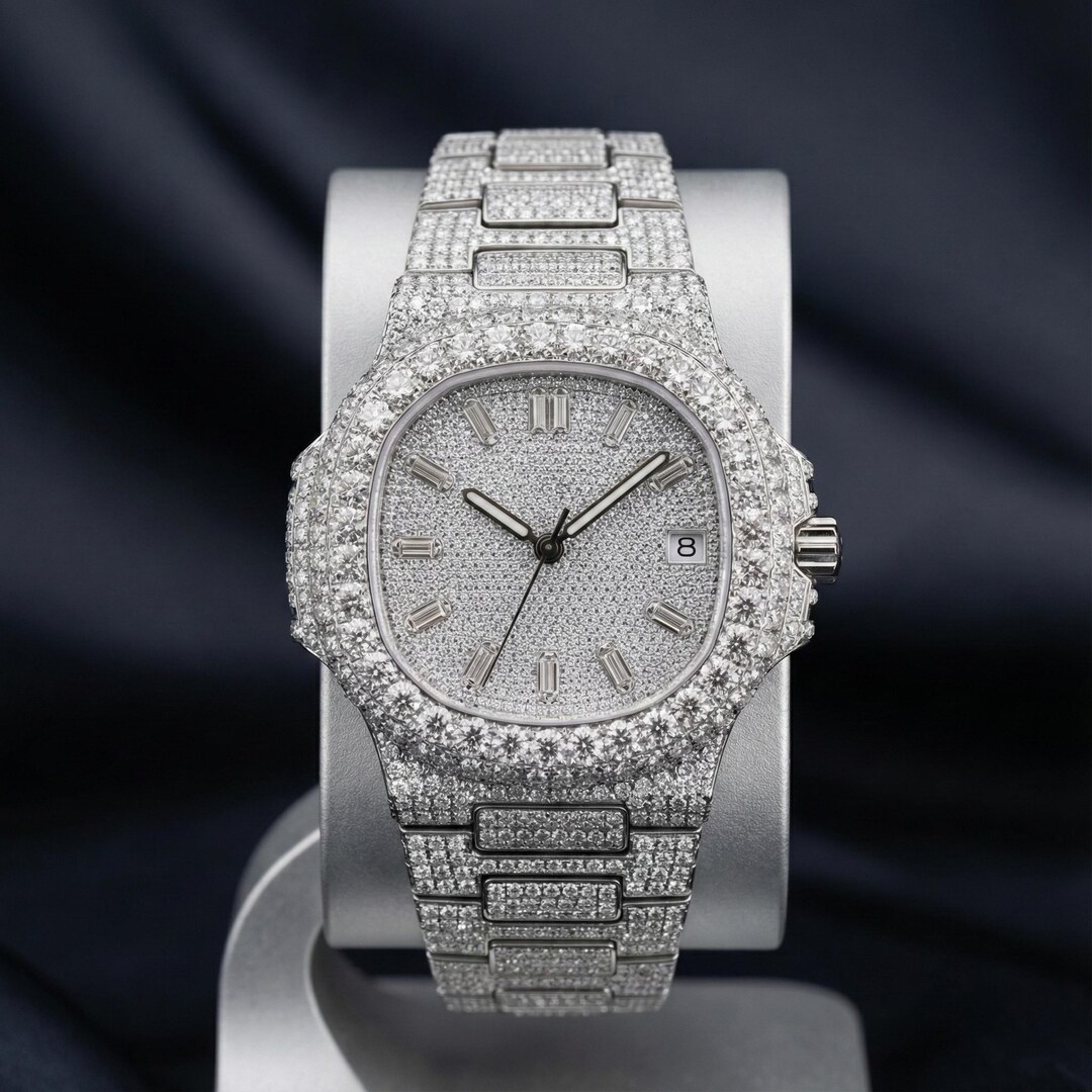 Iced Out Custom VVV Moissanite Men’s Party Wear Watch Fully Automatic ...