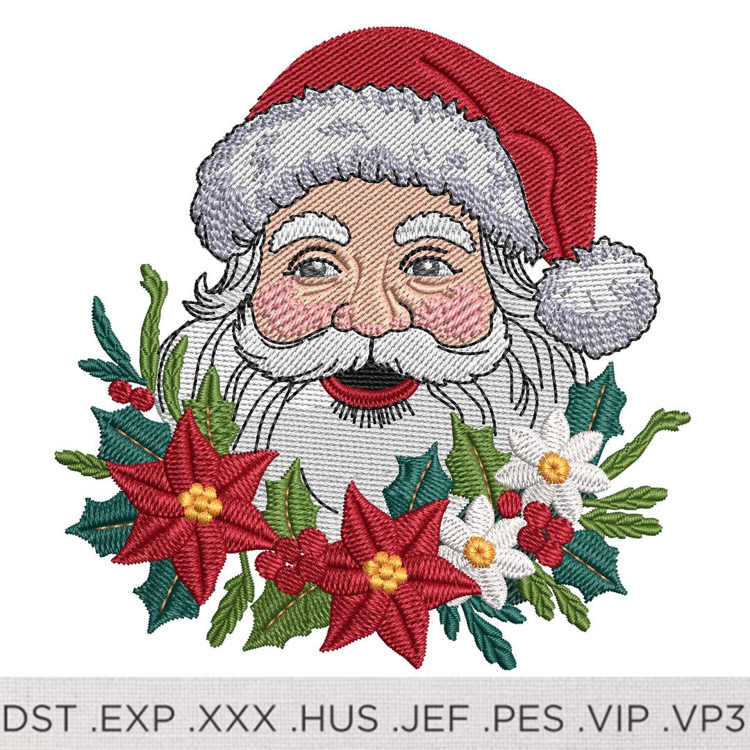 Vintage Santa Floral Embroidery Design – Poinsettia Christmas Santa ...