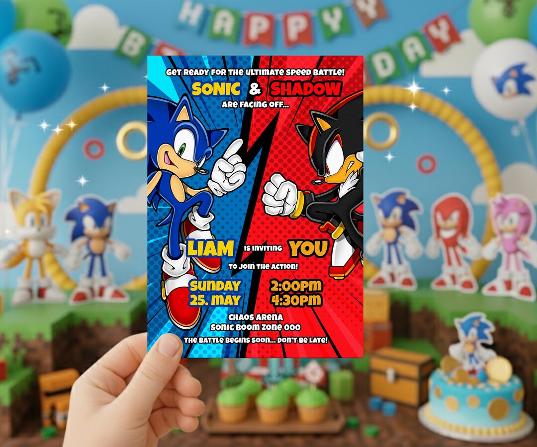 Sonic Vs Shadow Birthday Invitation: Blue & Black Hedgehog Editable ...