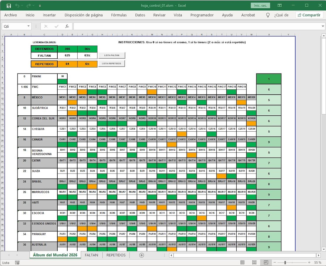 Plantilla Excel Álbum del Mundial 2026 | Control de Cromos Repetidos y ...
