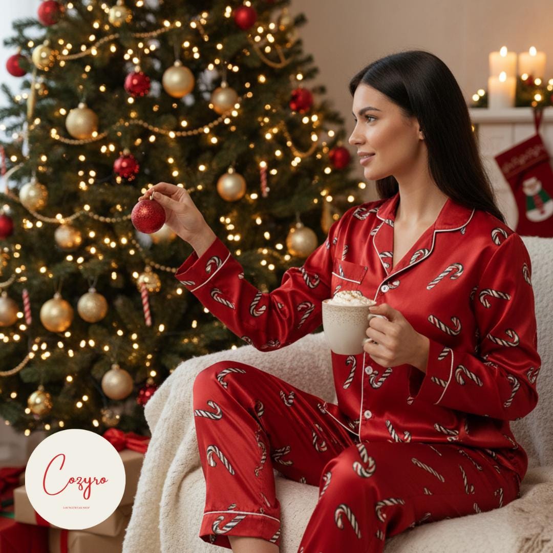 Christmas Satin Pyjama Set for Women, Holiday Loungewear Set, Long ...