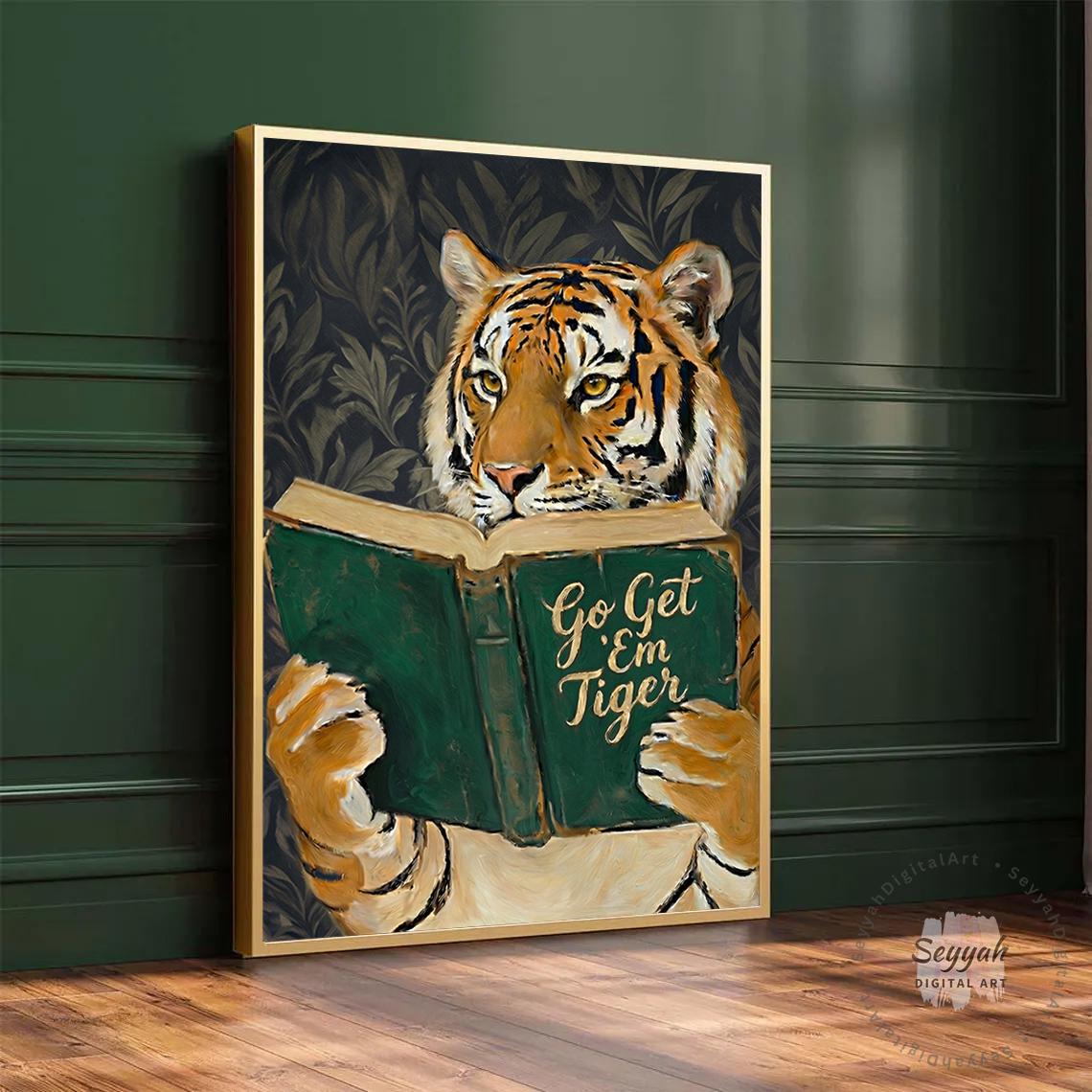 Go Get Em Tiger Print, Funny Reading Animal Wall Art, Motivational Book ...