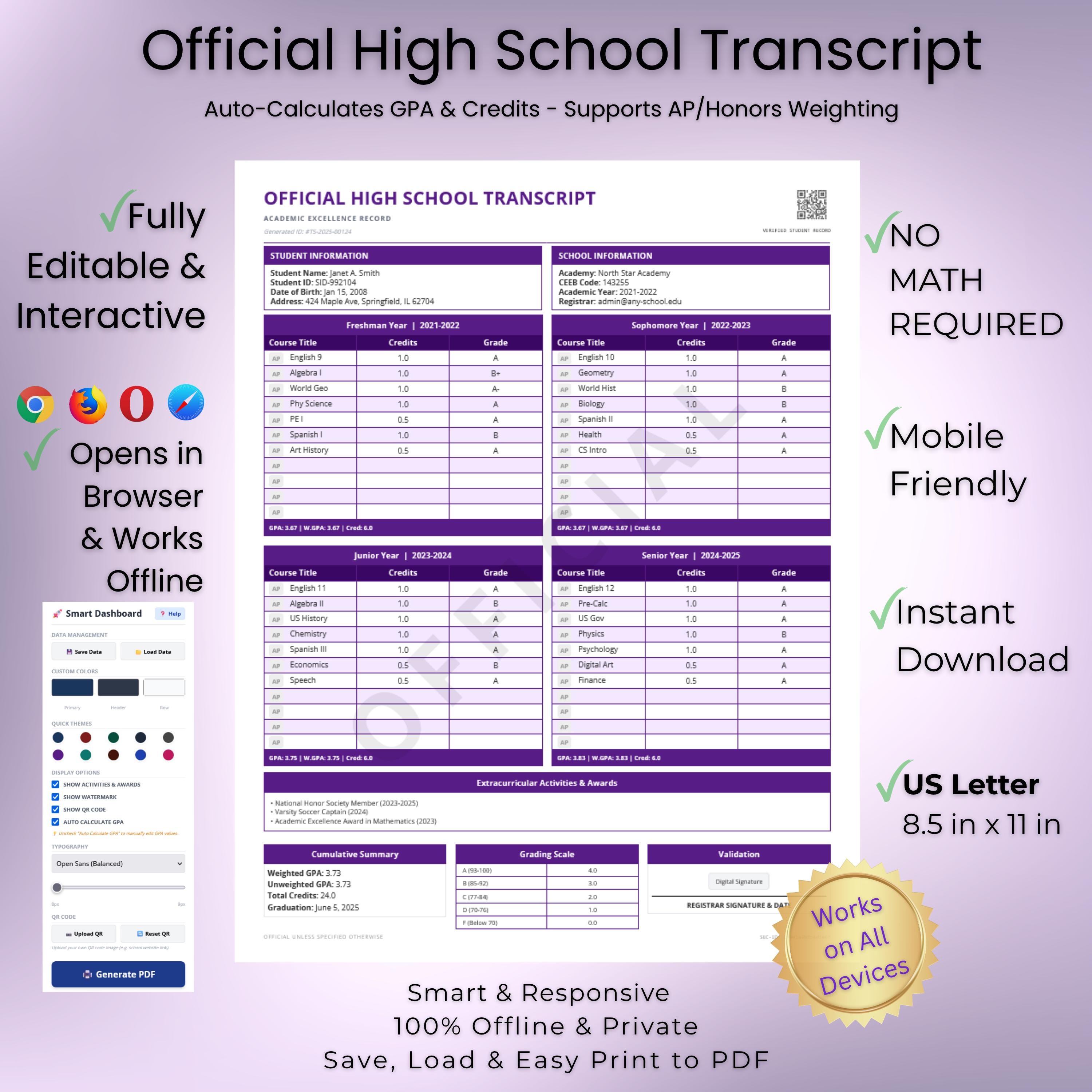High School Transcript Template | Printables Home School Diploma ...