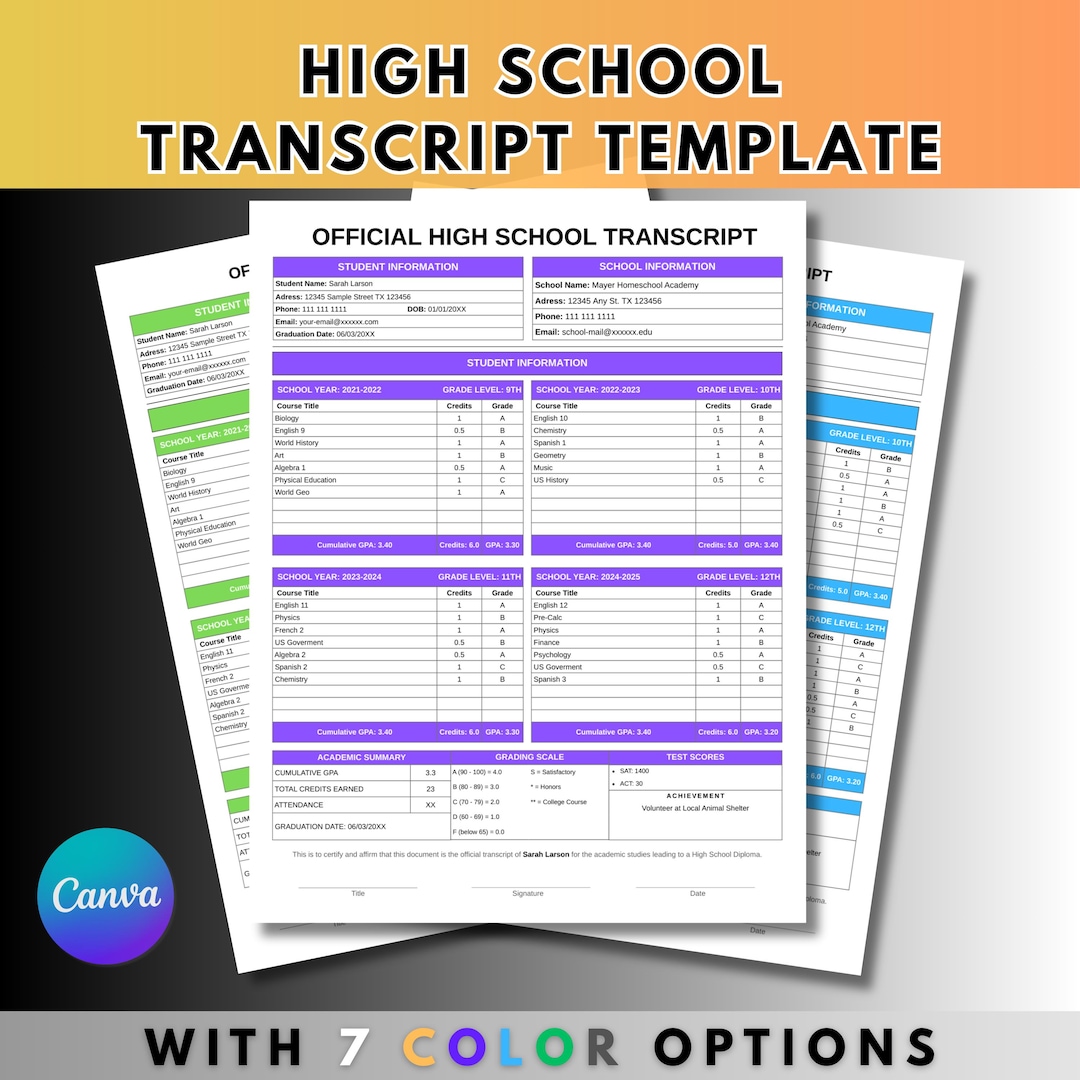 Editable High School Transcript Canva Template | Fillable Academic ...