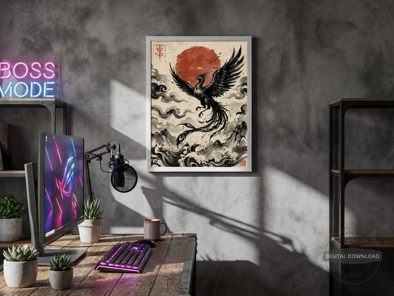 Japanese Phoenix Wall Art Print, Sumi-e Ink Rising Sun Poster, Vintage ...