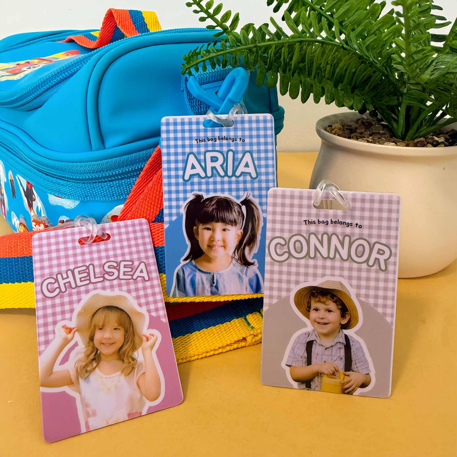 Personalized Kids Bag Tag: Custom Photo, Gingham PVC Travel ID - Etsy