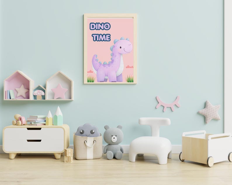 Pink Dinosaur Nursery Art, Smiling Dino Kids Room Decor (digital ...