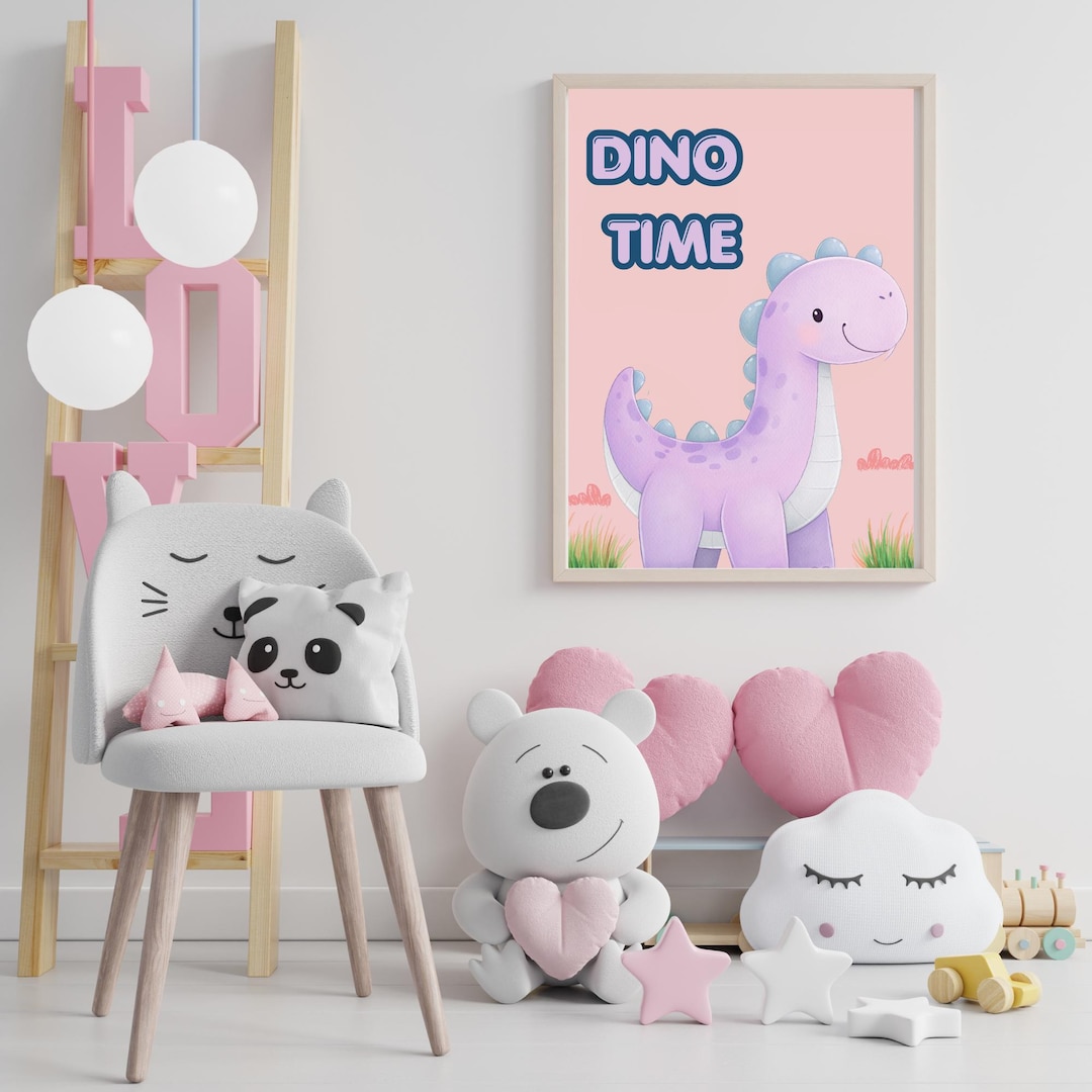Pink Dinosaur Nursery Art, Smiling Dino Kids Room Decor (digital ...