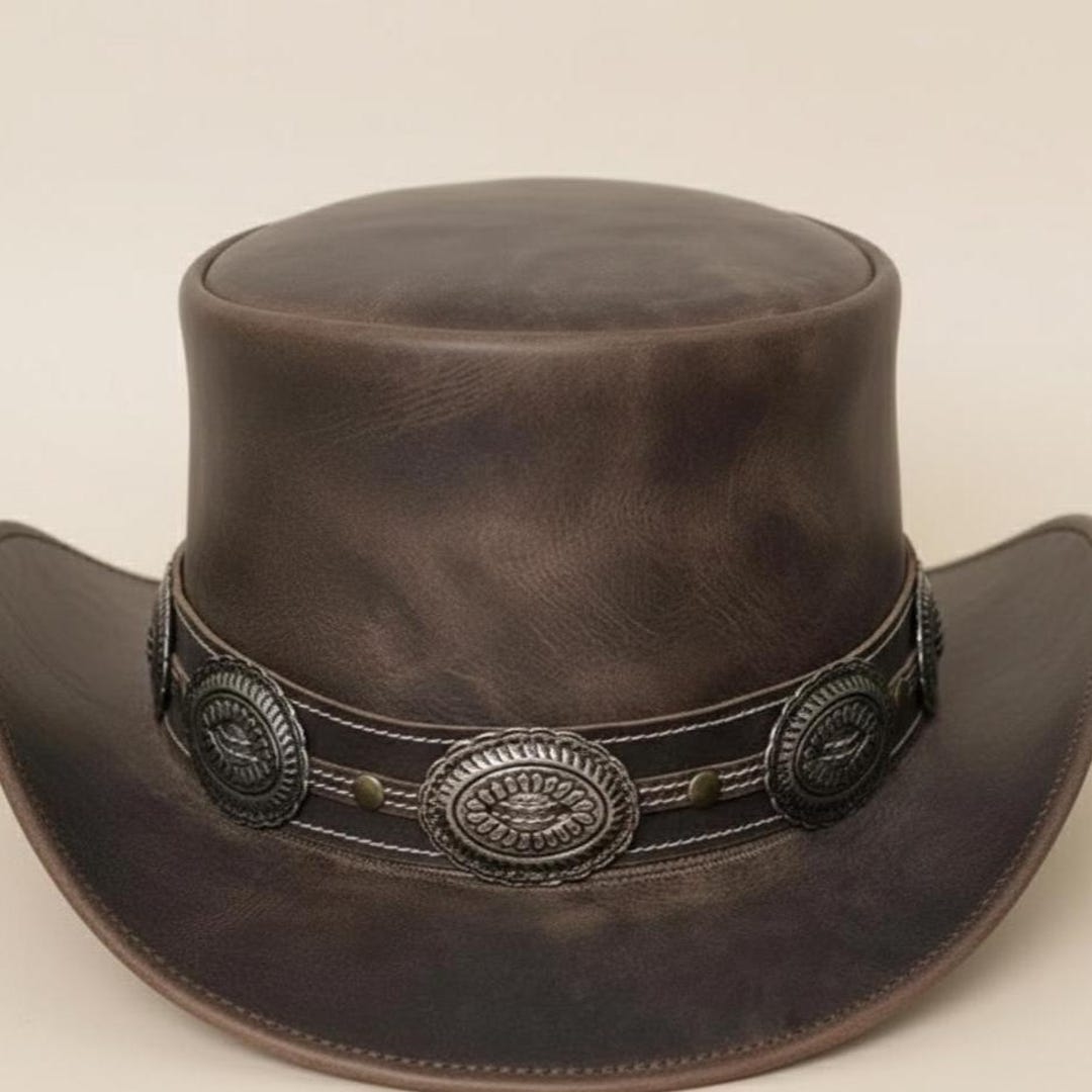 Handcrafted Brown Leather Top Hat With Silver Conchos: Western ...