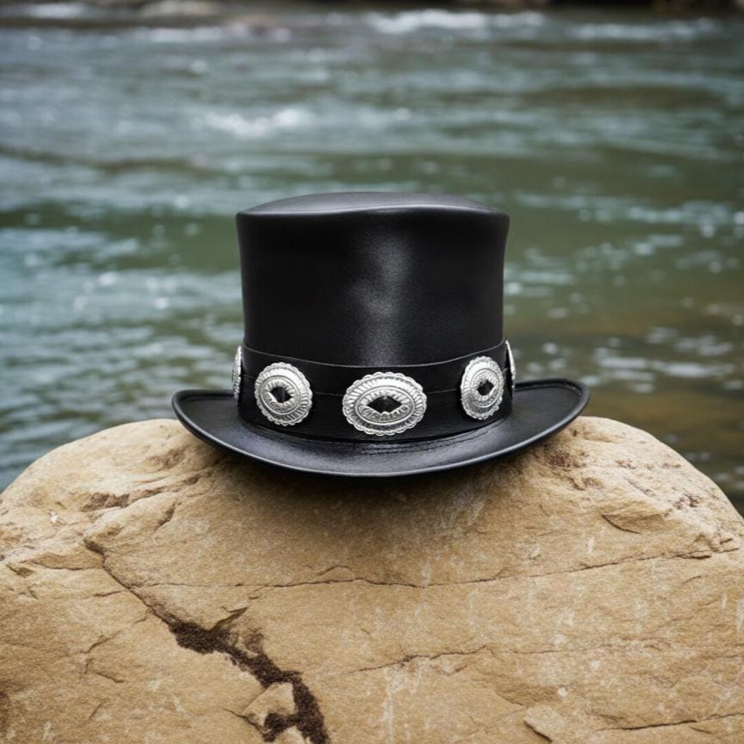 Black Leather Top Hat With Silver Conchos: Handmade Steampunk Gift Hat ...
