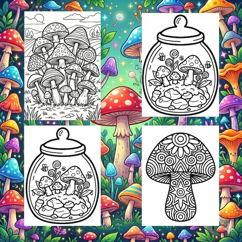 Mushroom Coloring Book, Kawaii Thick Line Art, Magical Forest (PDF ...