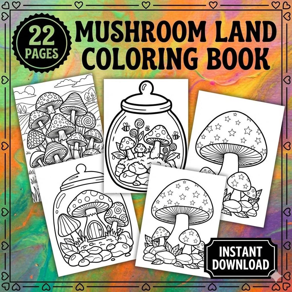 Mushroom Coloring Book, Kawaii Thick Line Art, Magical Forest (PDF ...