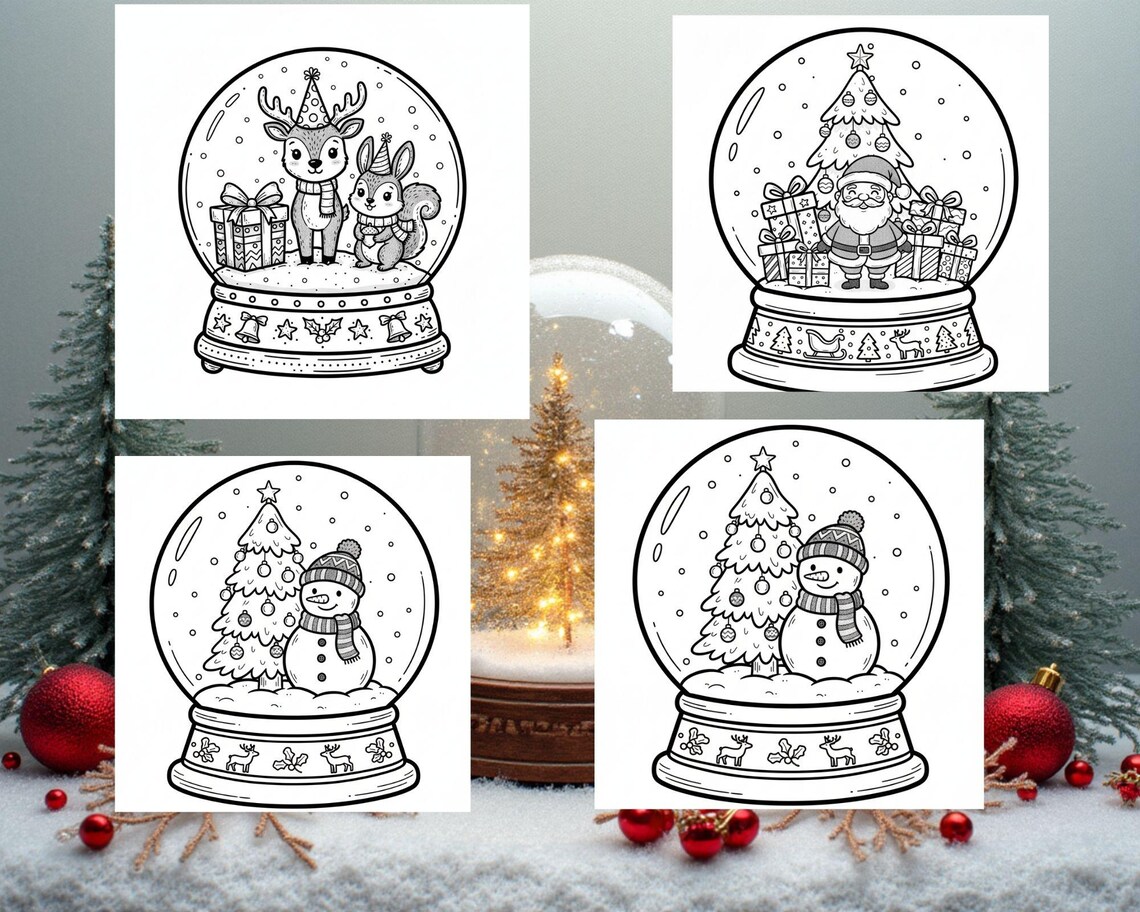 30 Snow Globe Coloring Pages, Grayscale Winter Scenes (digital Download ...