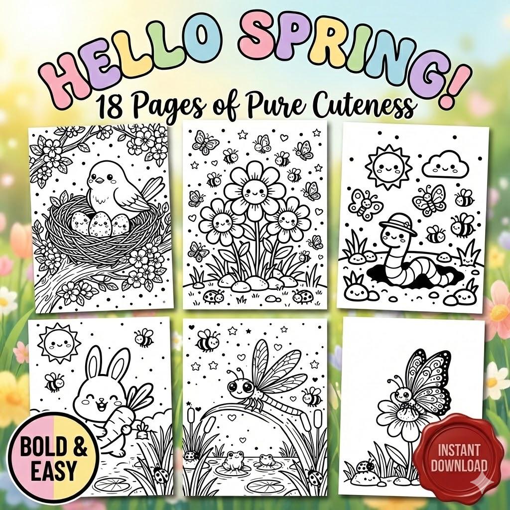 Kawaii Spring Coloring Book, Bold Easy Lines, Spring Animals, Flowers ...