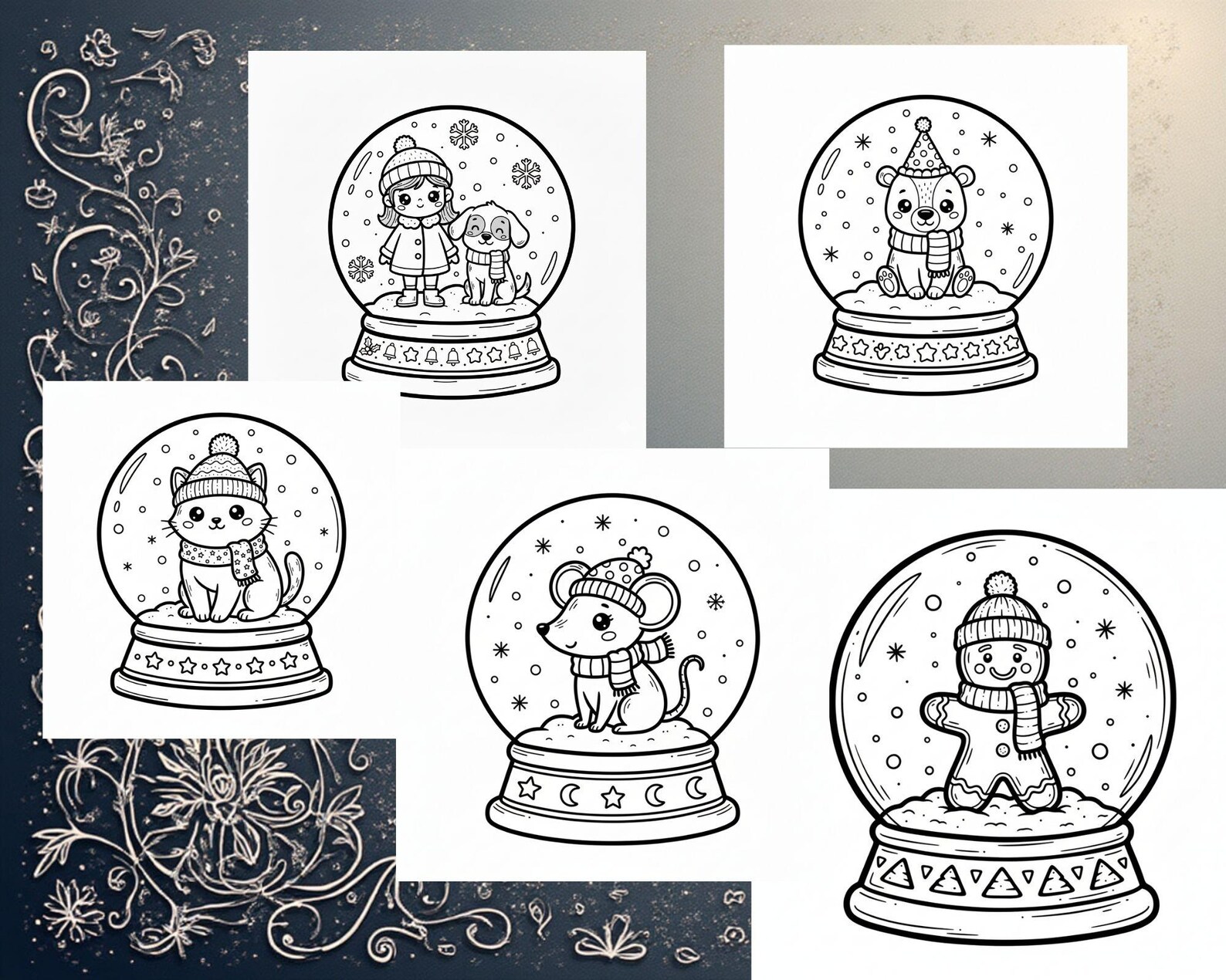 30 Snow Globe Coloring Pages, Grayscale Winter Scenes (digital Download ...