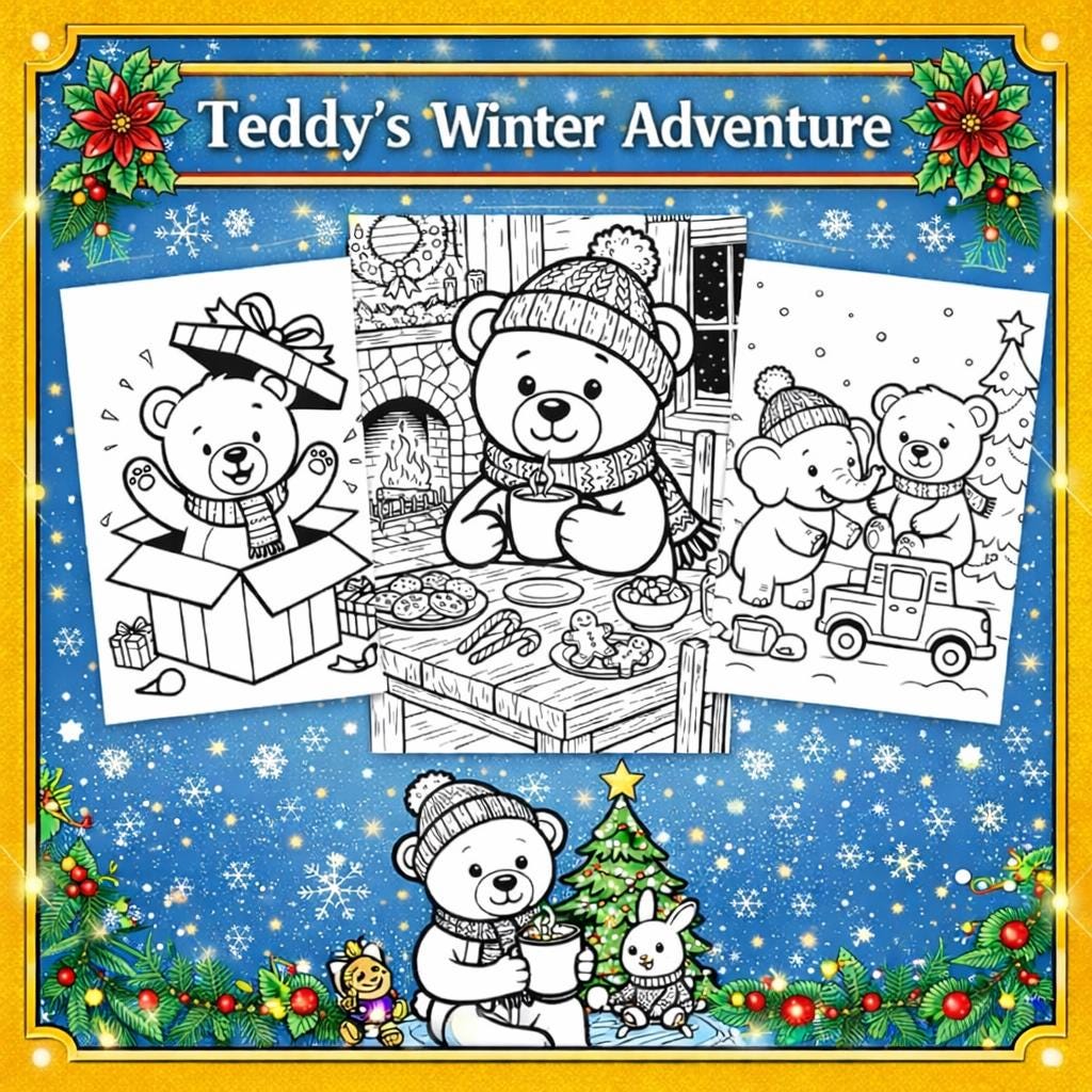 Teddy Bear Winter Coloring Book Printable PDF, 20 Cute Winter Scenes ...