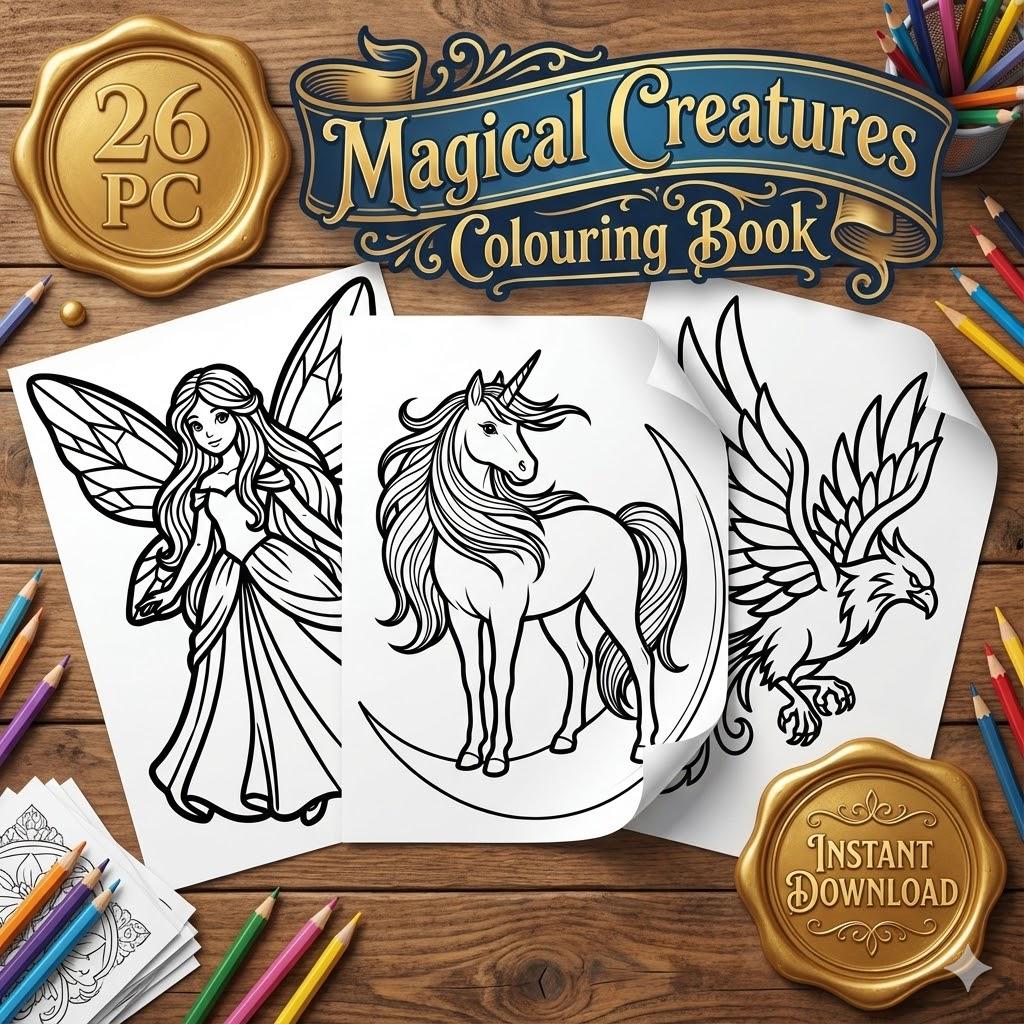 Magical Creatures Coloring Book, 26 Bold Line Art Pages, Printable PDF ...
