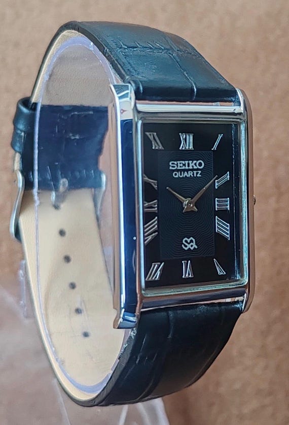 Vintage Seiko Quartz Tank Watch: Black Roman Numeral … - Gem