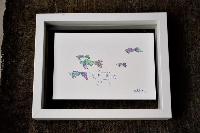 Miharu SAKA Original Watercolor Painting - Cat and Colorful Fish | Hand ...