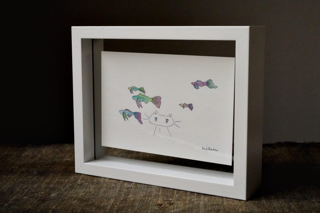 Miharu SAKA Original Watercolor Painting - Cat and Colorful Fish | Hand ...